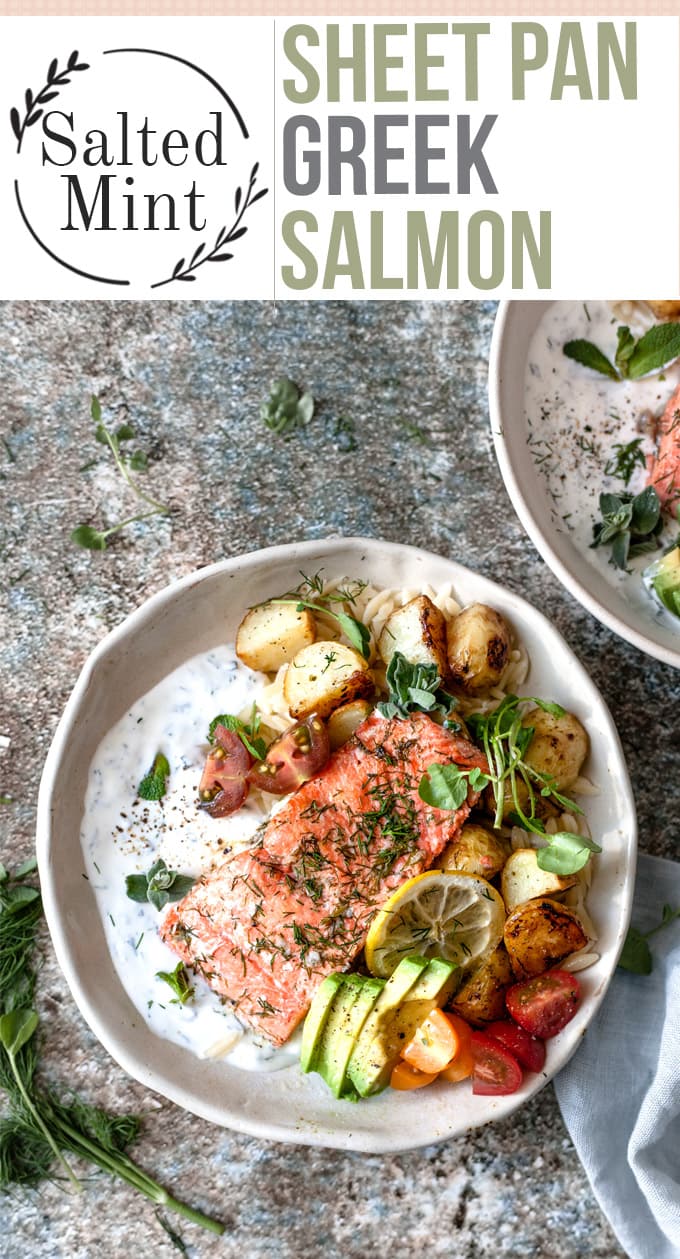 30 Minute Sheet Pan Baked Greek Salmon Recipe • Salted Mint